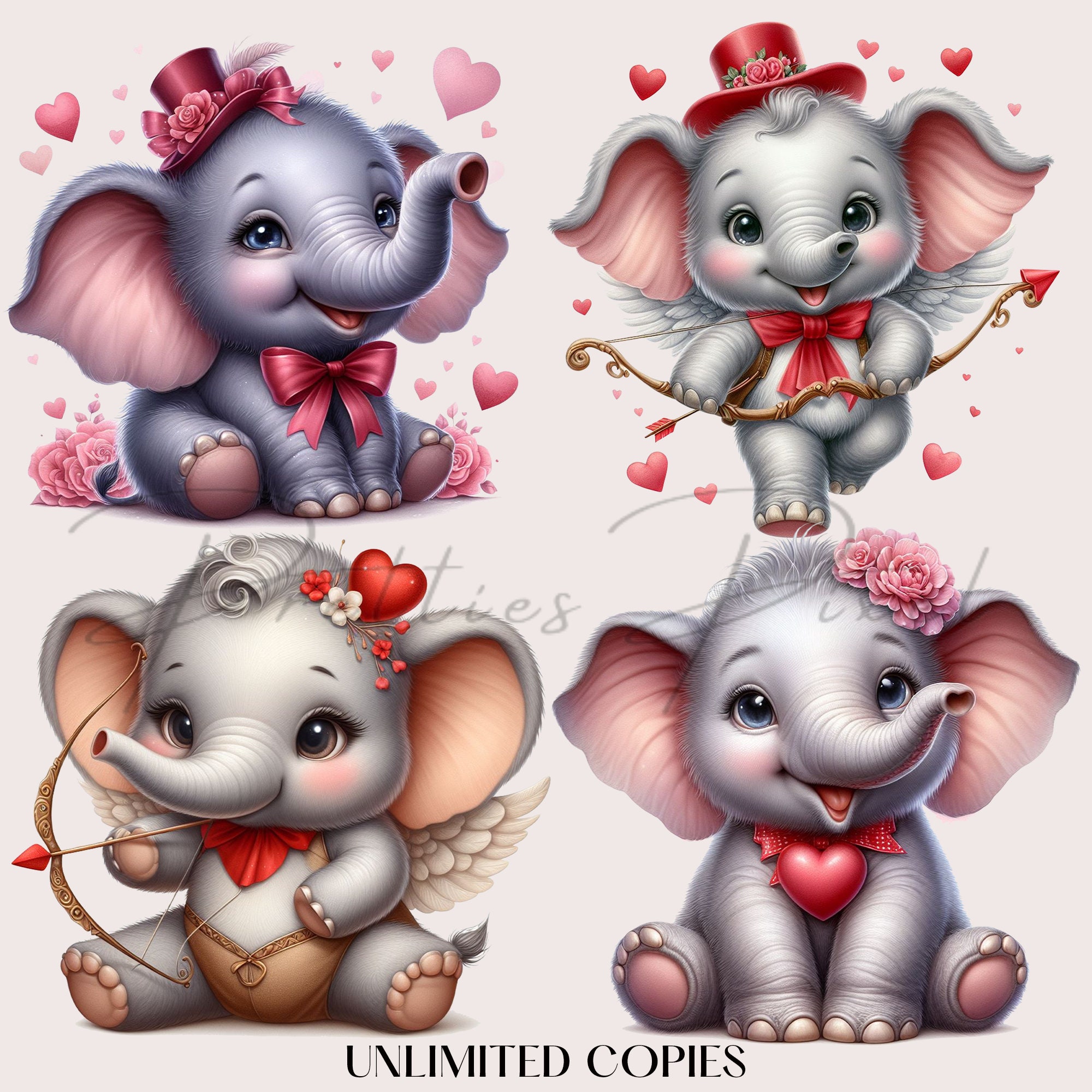 Watercolor Valentines Elephant Clipart, 11 High Quality Pngs ...