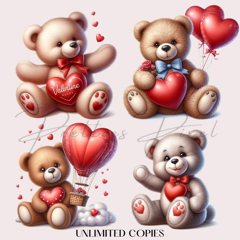Watercolor Valentines Teddy Bear Clipart, 15 High Quality Pngs ...