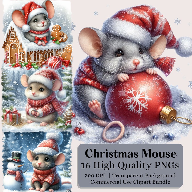 Christmas Mouse Clipart - 16 High Quality PNG, Digital Paper Crafting ...