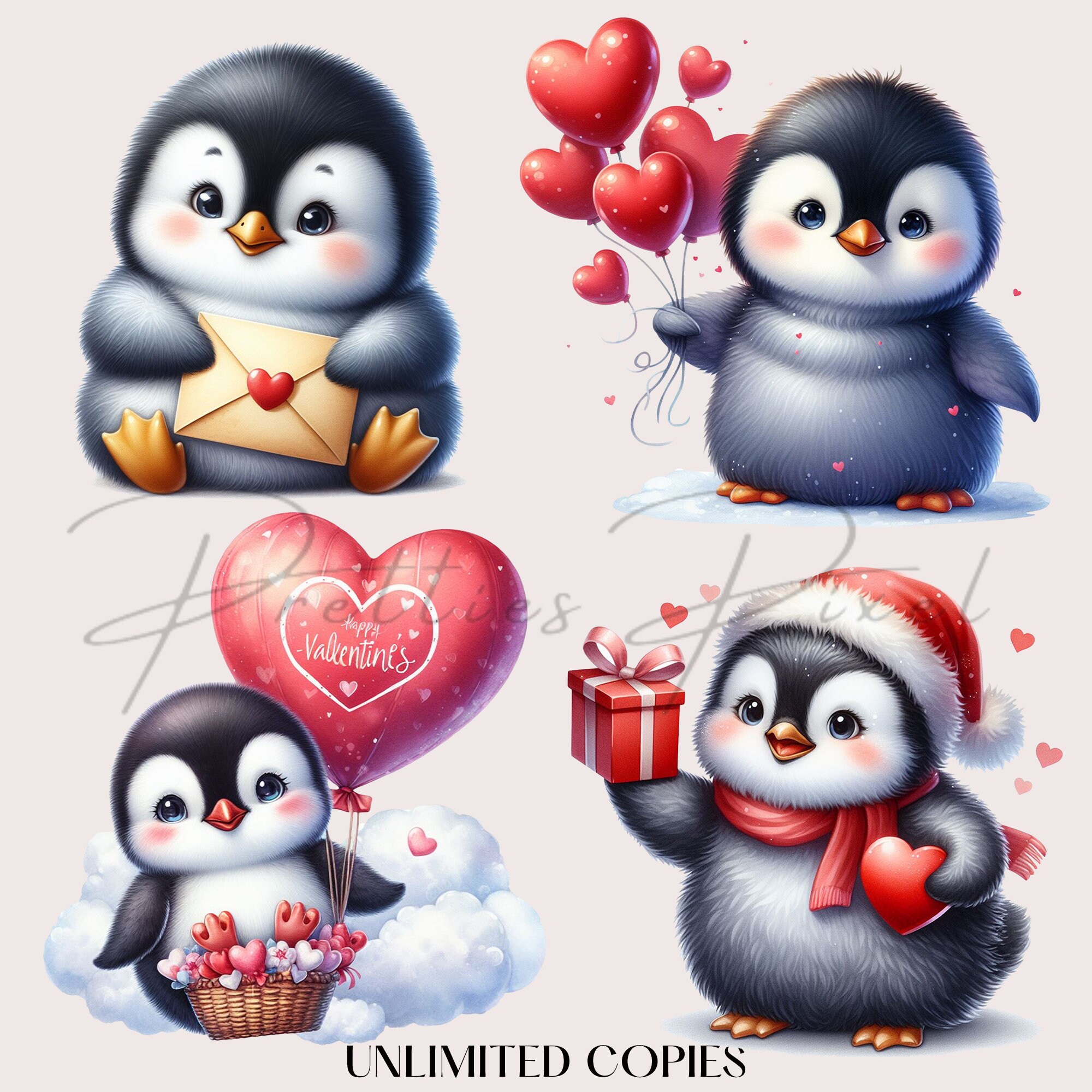 Watercolor Valentines Penguin Clipart, 14 High Quality Pngs, Valentines ...