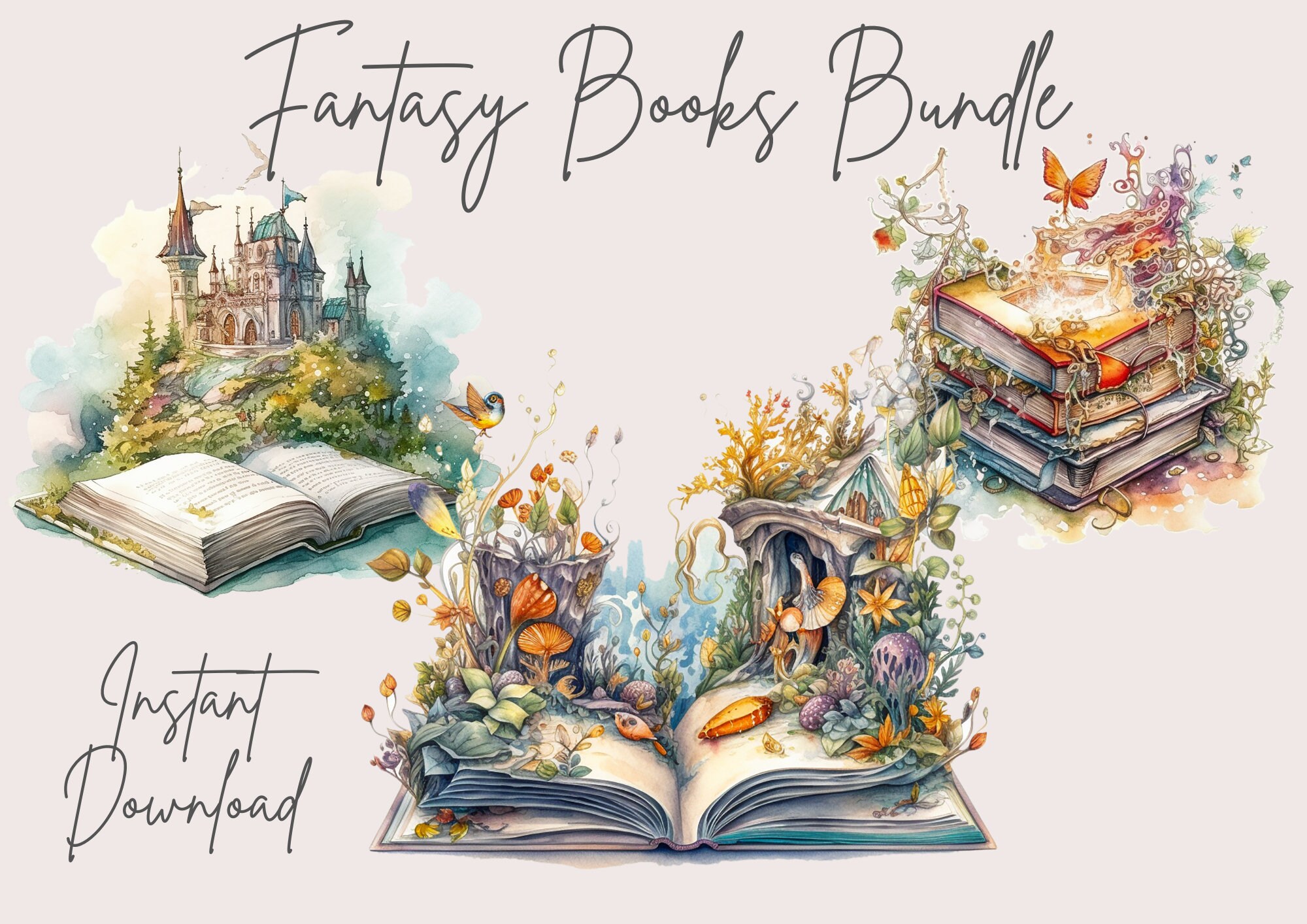 Books Clipart, Reading Clipart, Watercolor Fantasy Book Bundle, Fantasy ...