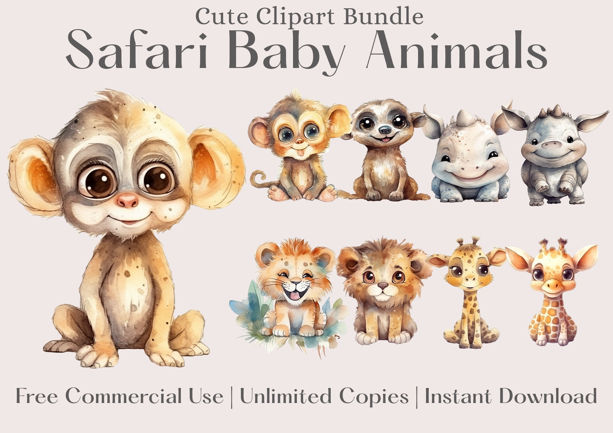 Safari Baby Animals Watercolor Clipart - Cute Baby Shower Nursery Decor ...