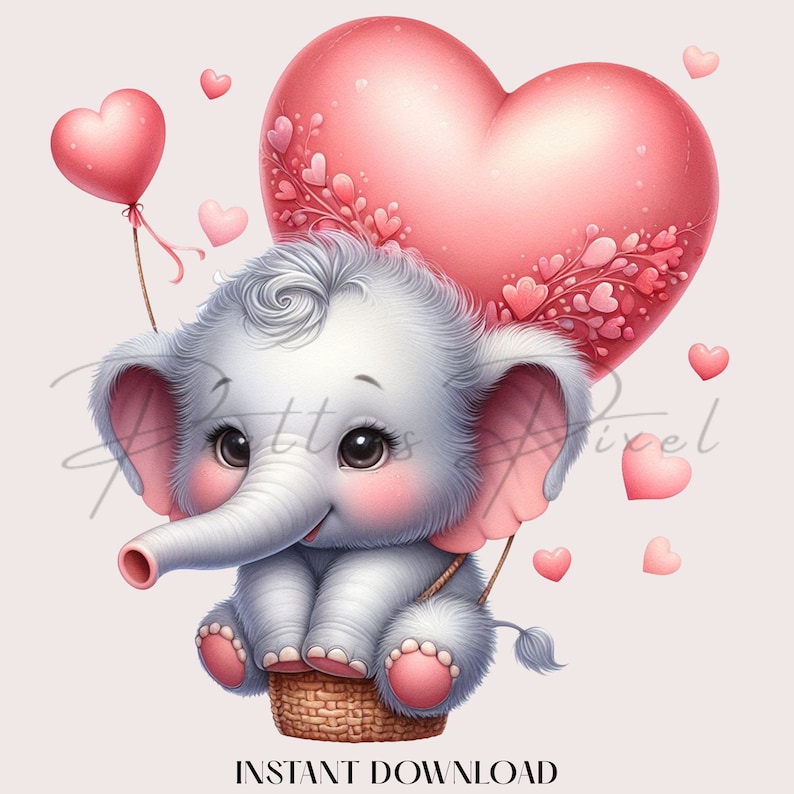 Watercolor Valentines Elephant Clipart, 11 High Quality Pngs ...
