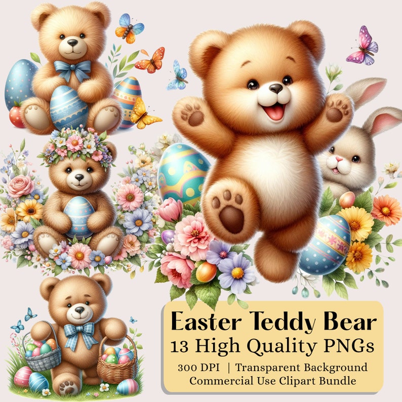 Watercolor Teddy Bear Clipart Bundle, Spring Clipart, Easter Clipart ...