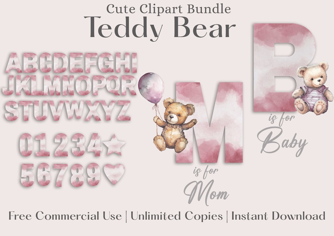 Watercolor Teddy Bear Clipart, Baby Shower for a Girl, Pink Balloons ...