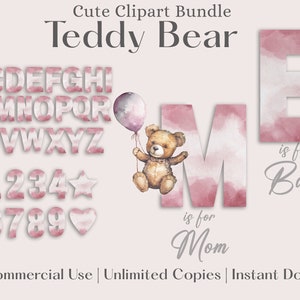Watercolor Teddy Bear Clipart, Baby Shower for a Girl, Pink Balloons ...