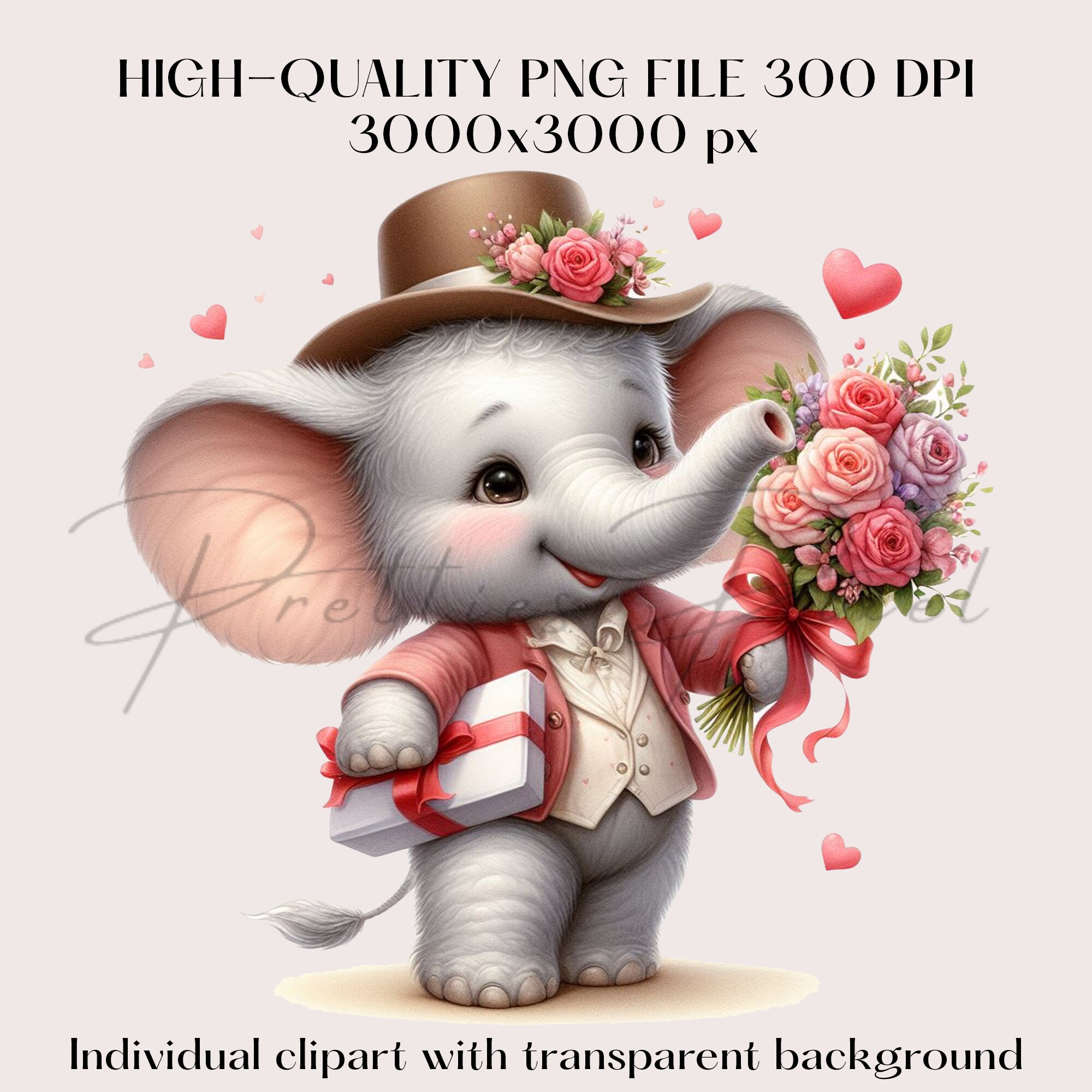 Watercolor Valentines Elephant Clipart, 11 High Quality Pngs ...