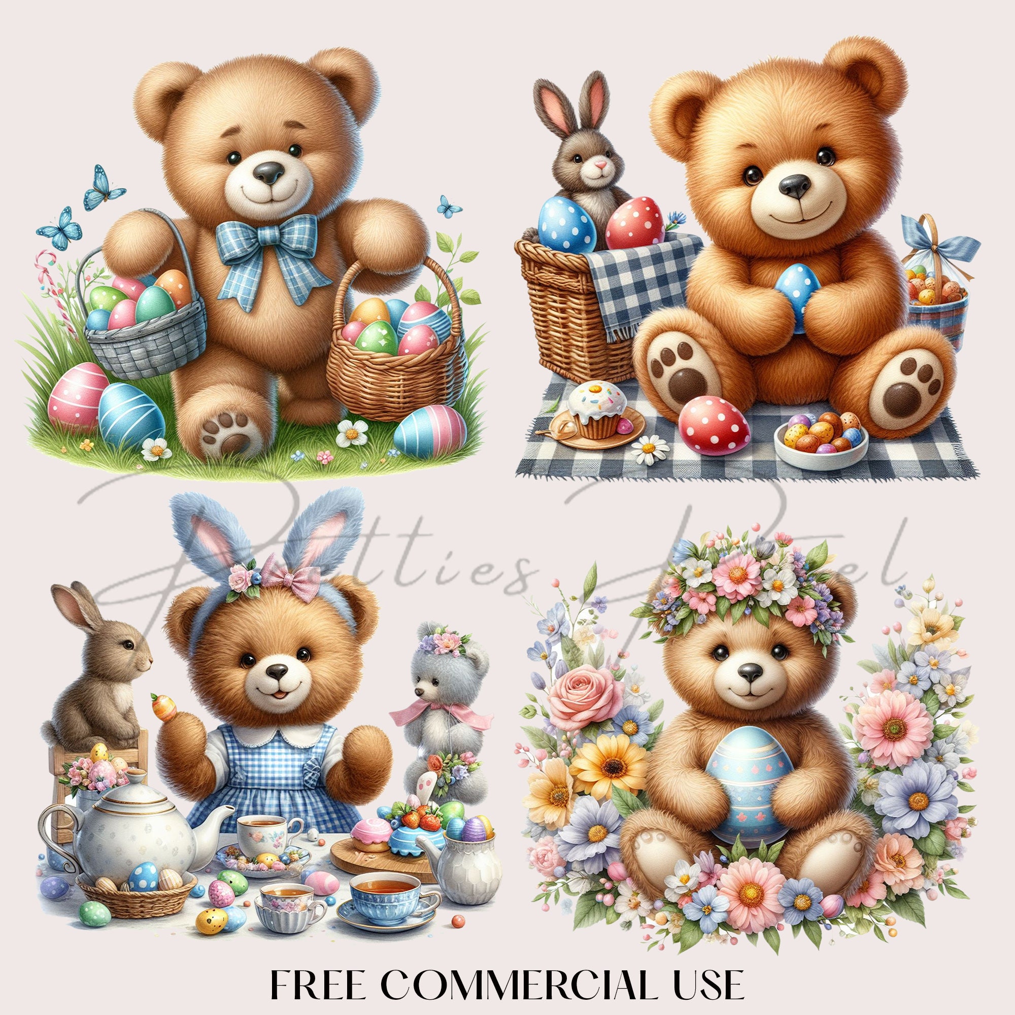 Watercolor Teddy Bear Clipart Bundle, Spring Clipart, Easter Clipart ...