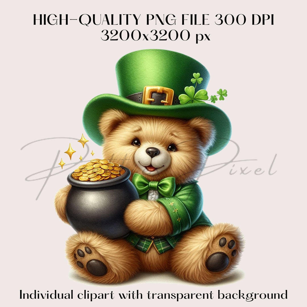 St Patrick Teddy Bear Clipart, Watercolor Teddy Bear Clipart, 14 High ...