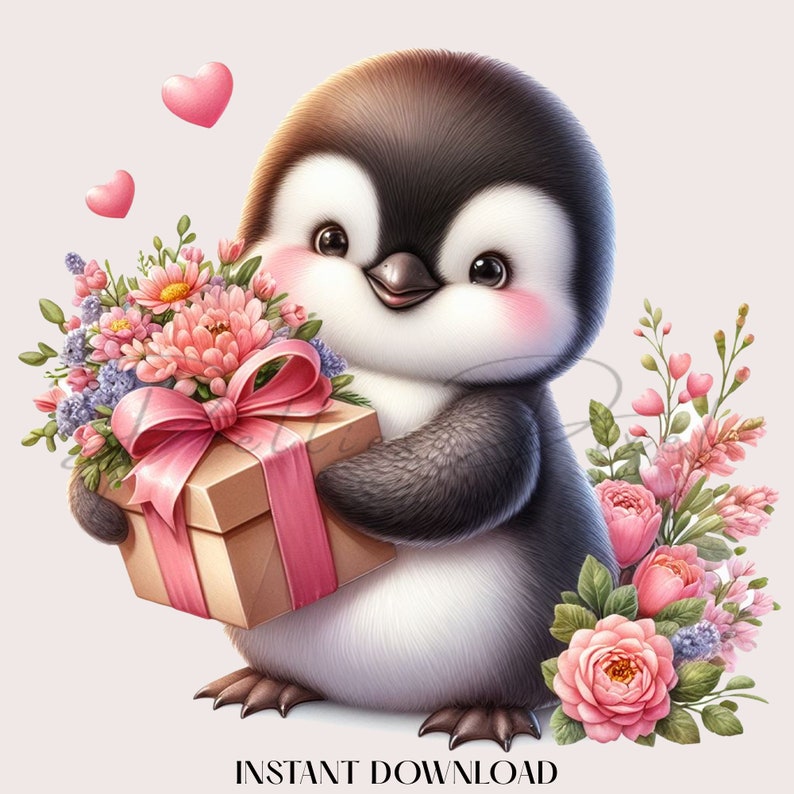 Watercolor Valentines Penguin Clipart, 14 High Quality Pngs, Valentines ...