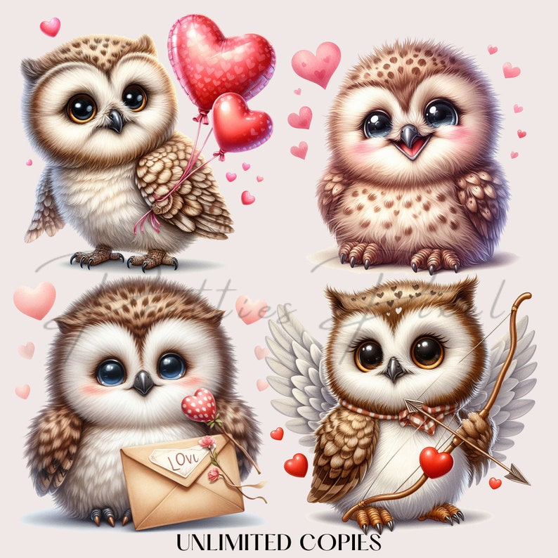 Watercolor Cute Valentines Owl Clipart, 15 High Quality Pngs ...