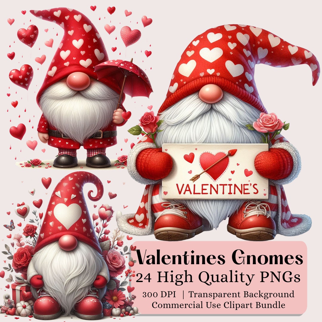 Watercolor Valentines Gnomes Clipart, 24 High Quality Pngs, Valentines ...