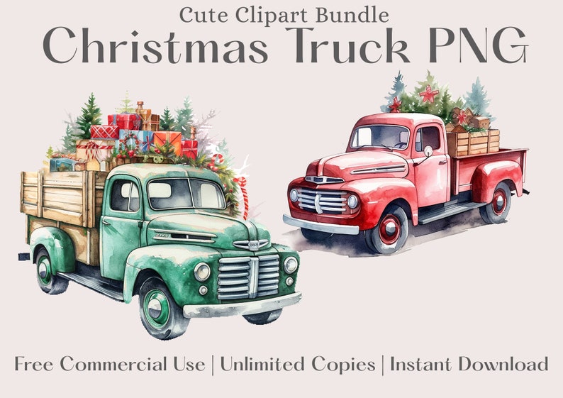 Christmas Truck PNG, Watercolor Clipart Bundle, Red Pickup Truck ...