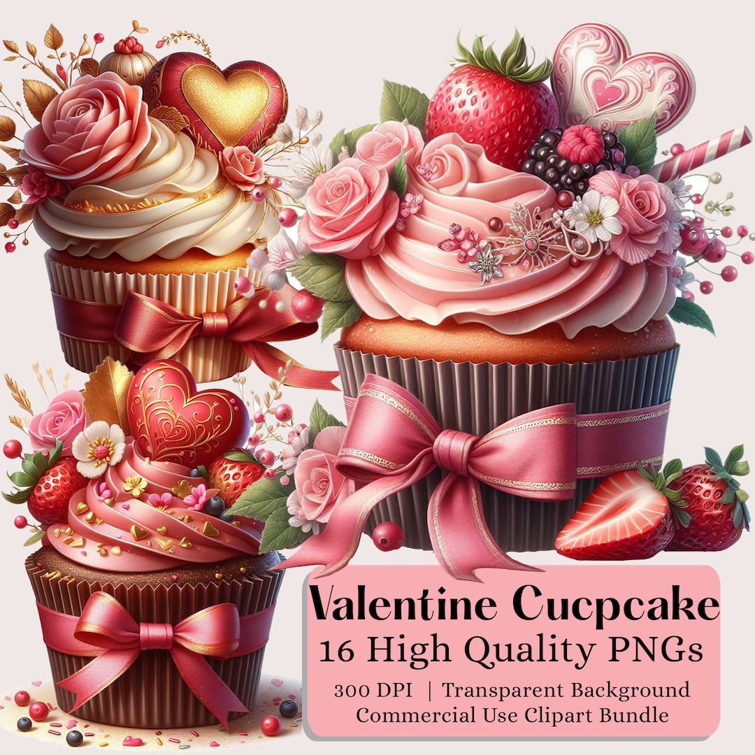 Watercolor Sweet Valentines Clipart, Valentines Cupcake Clipart 16 High ...