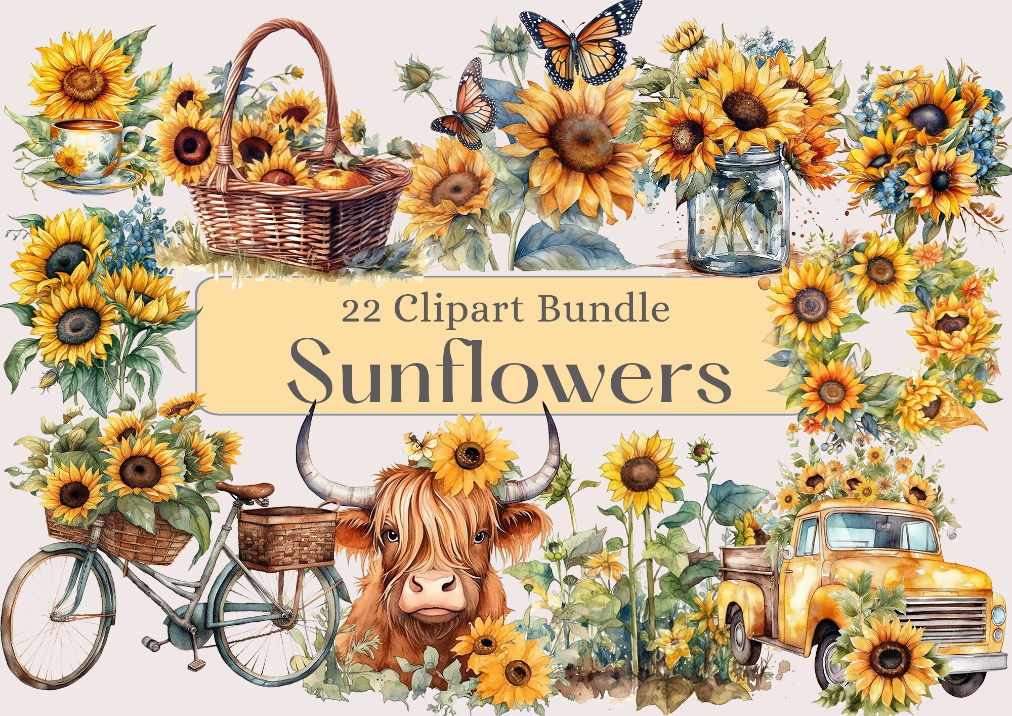 Watercolor Sunflower Clipart Bundle, Sunflower Clipart, Fall ...