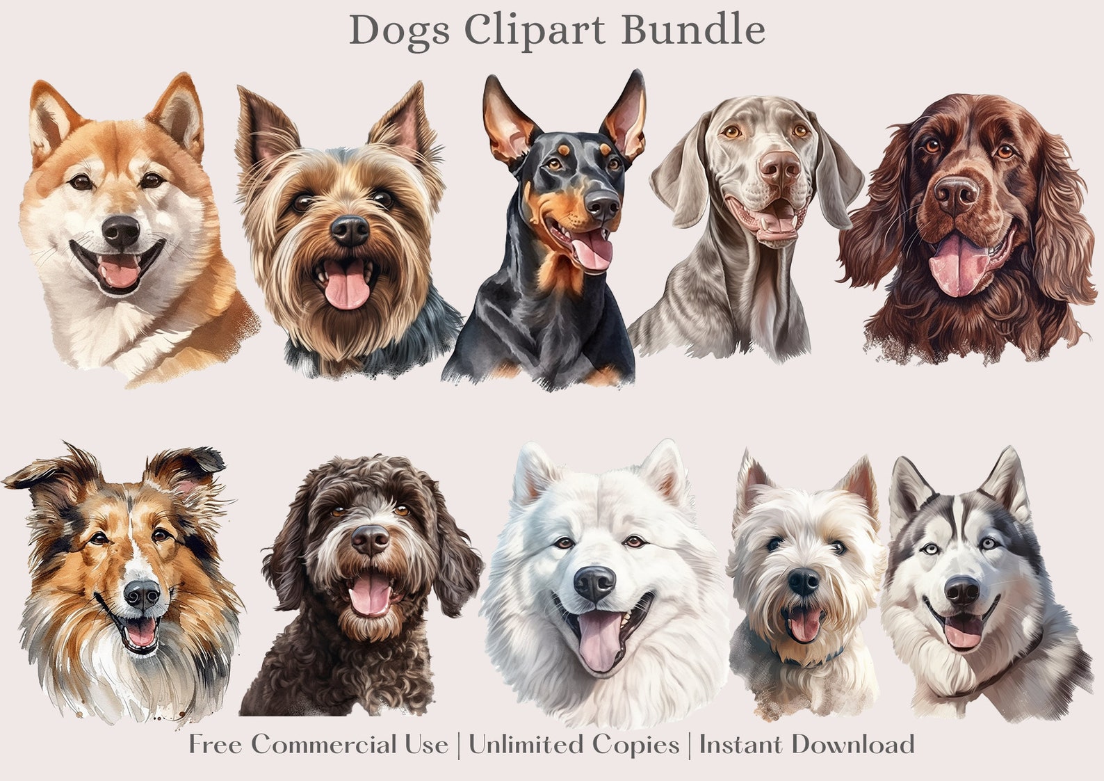Dog Clipart Bundle, 100 Dog Breeds PNG Images, Watercolor Dog Clipart ...