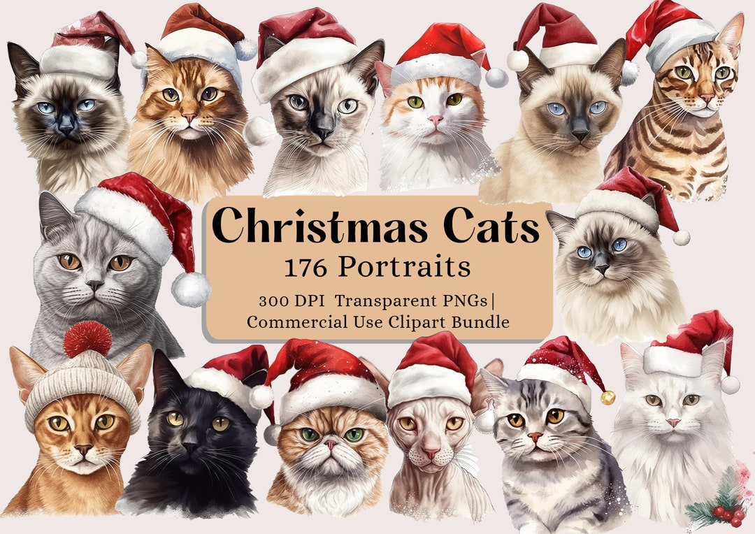 Christmas Cats Clipart Bundle, Cat Breeds PNG, Watercolor Cat Clipart ...