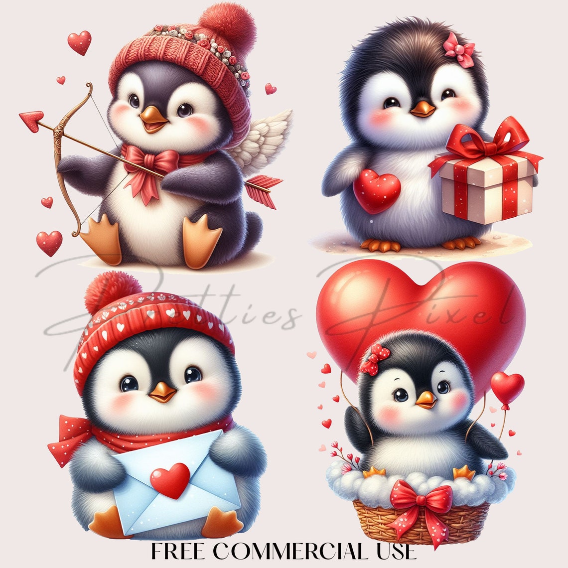 Watercolor Valentines Penguin Clipart, 14 High Quality Pngs, Valentines ...