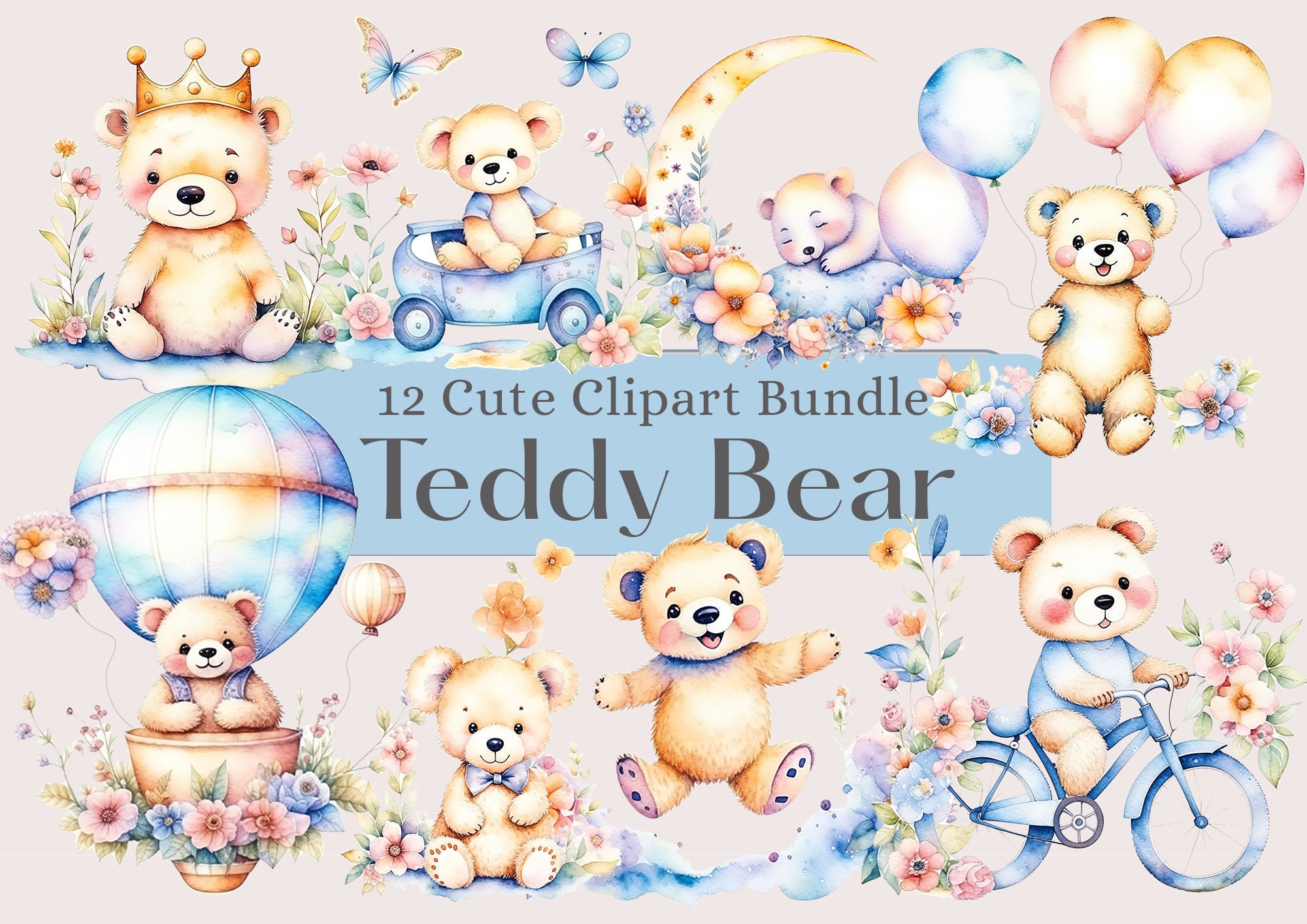 Baby Teddy Bear Watercolor Clipart Baby Shower Teddy Bear - Etsy