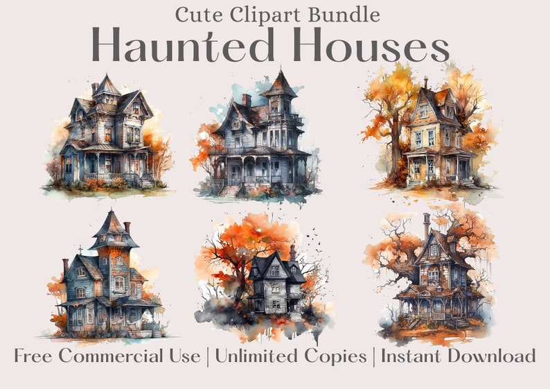 Haunted Houses Clipart Bundle, Watercolor Halloween PNG, Spooky Clipart ...