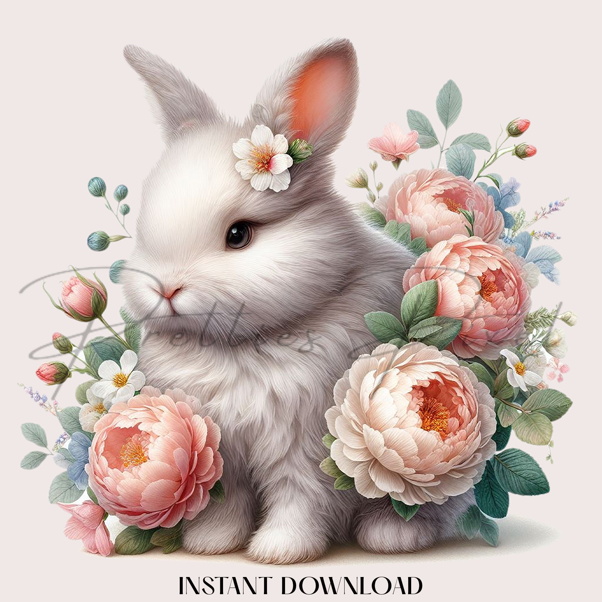 Bunny and Flower Clipart - 11 High Quality Jpgs - Digital Illustration ...