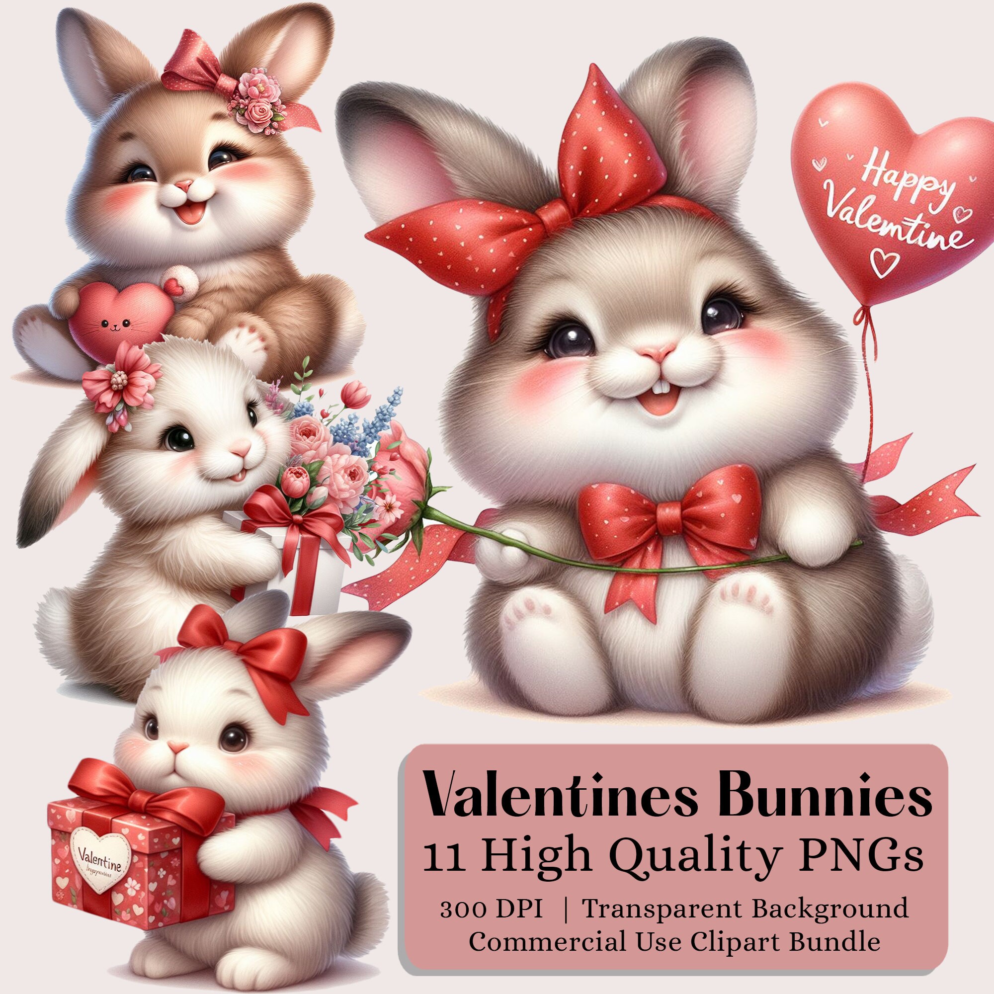Watercolor Valentines Bunnies Clipart, 11 High Quality Pngs, Valentines ...