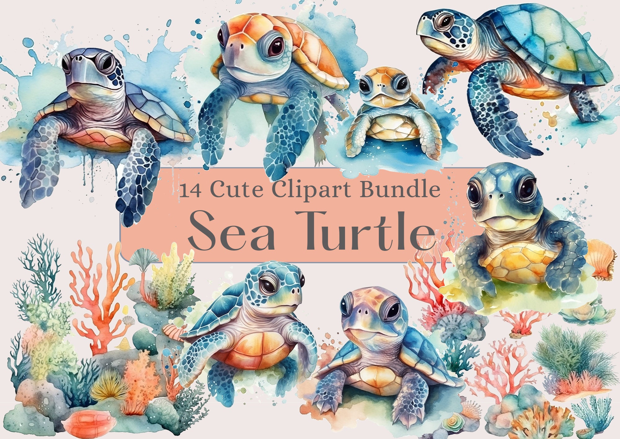 Watercolor Sea Turtle Clipart, Cute Nautical Ocean Animals PNG, Fish ...