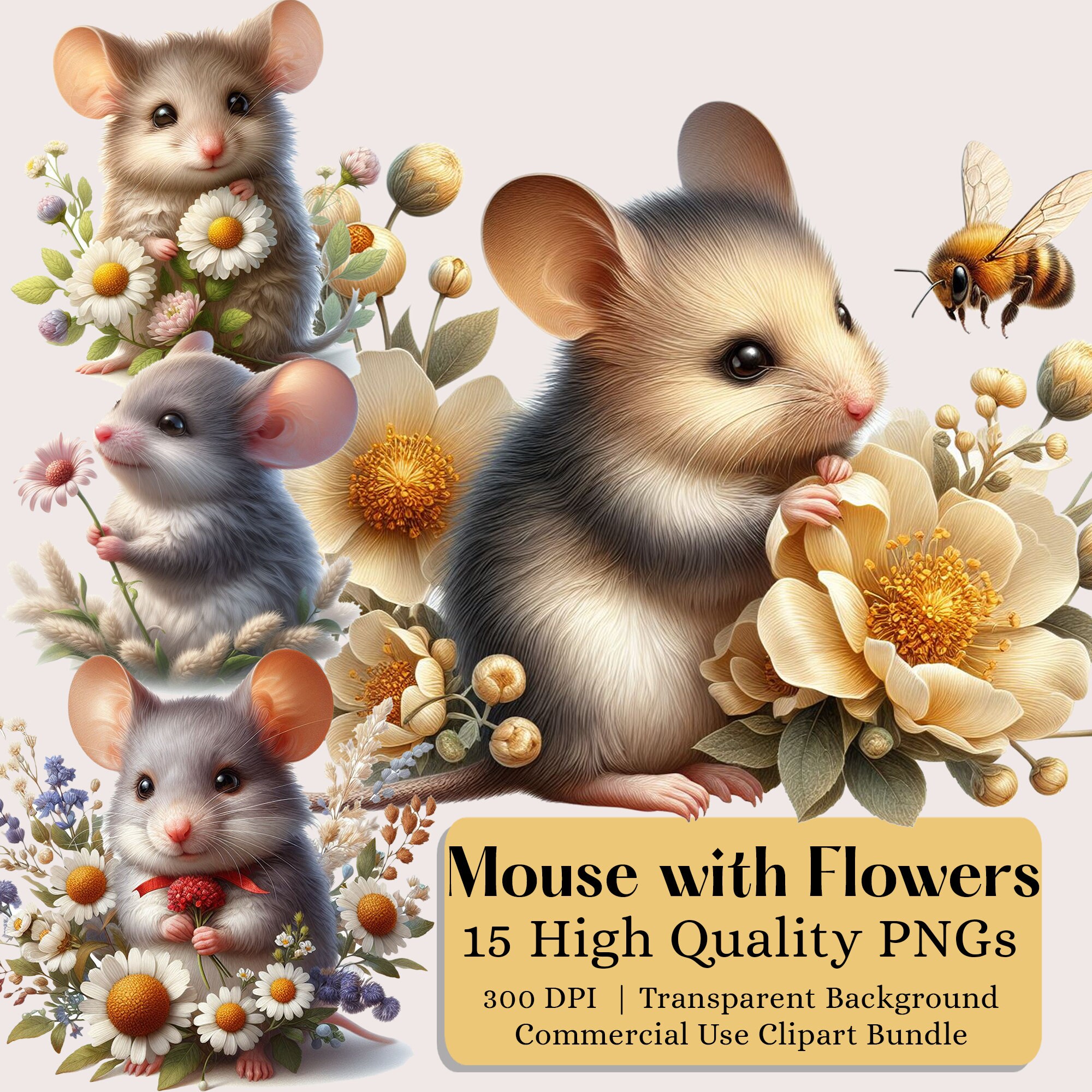 Mouse and Flower Clipart - 15 High Quality Jpgs - Digital Illustration ...