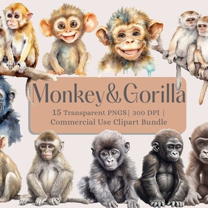 Monkey Watercolor Clipart, Safari Animals Clipart Watercolor, Baby ...