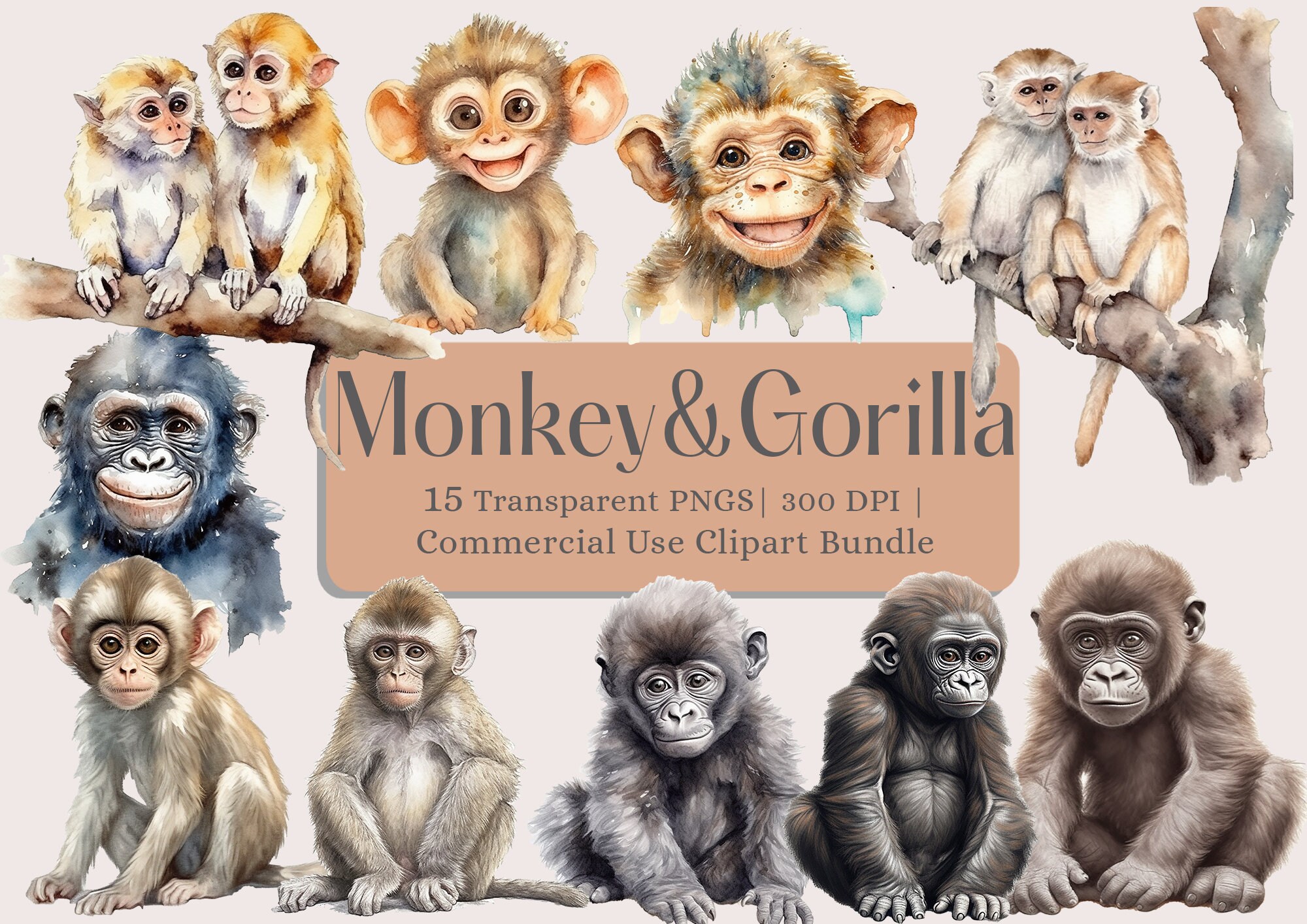 Monkey Watercolor Clipart Safari Animals Clipart Watercolor - Etsy