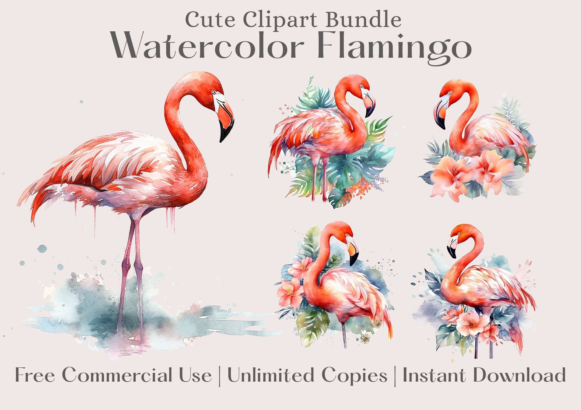 Watercolor Flamingo Clipart, Tropical Birds With Flowers and Leaves in ...
