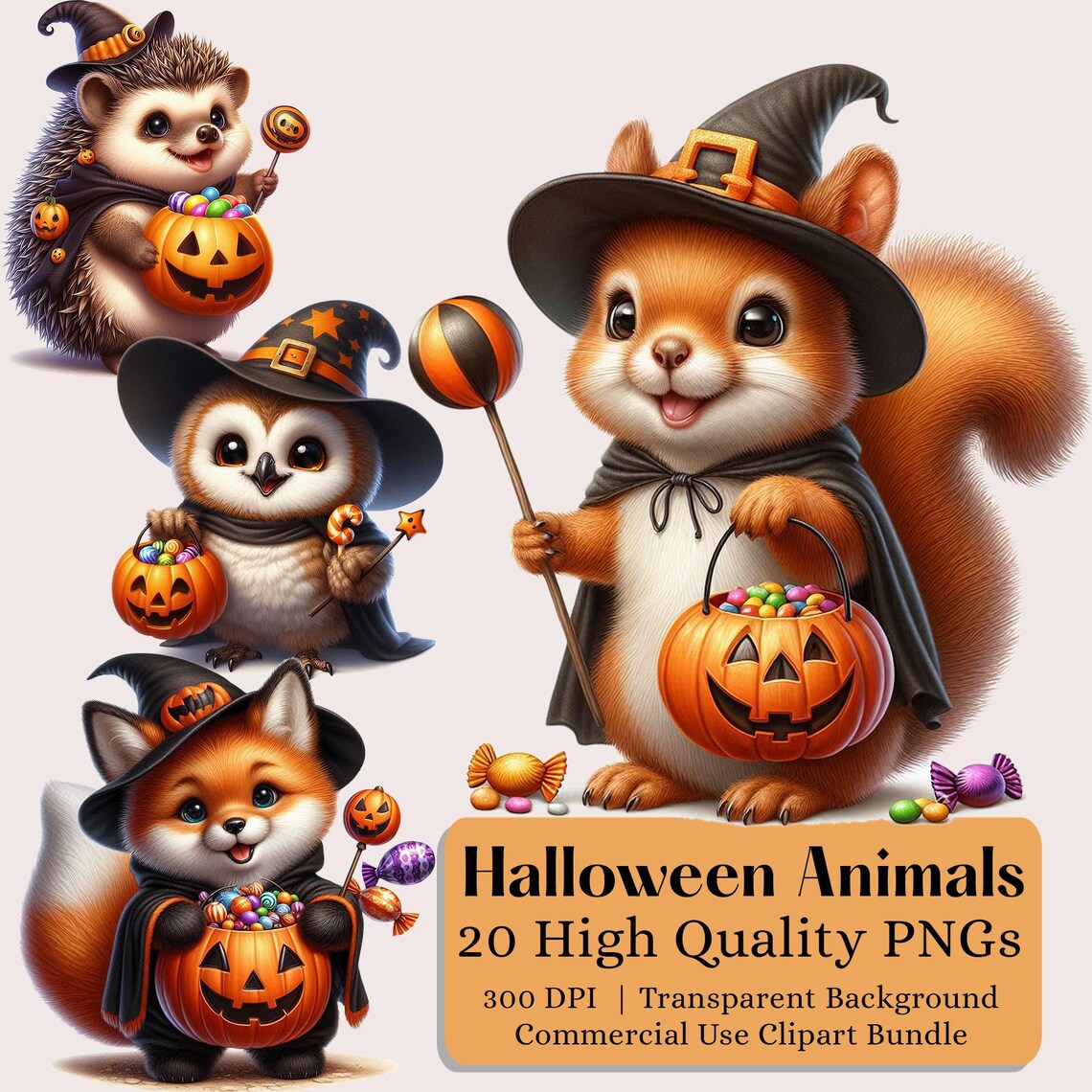 Watercolor Halloween Animals Clipart PNG Bundle, 20 PNG Halloween ...