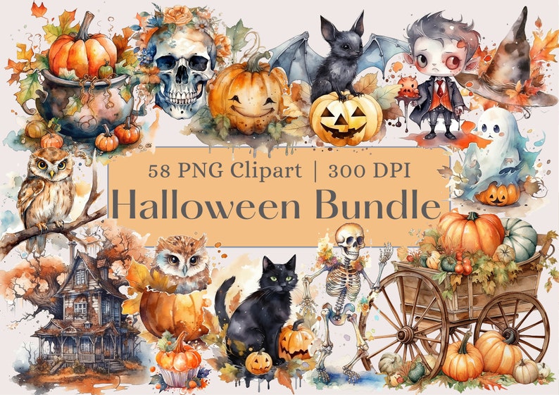 Halloween Watercolor Clipart PNG Bundle, Witch and Wizard Png, Ghost ...