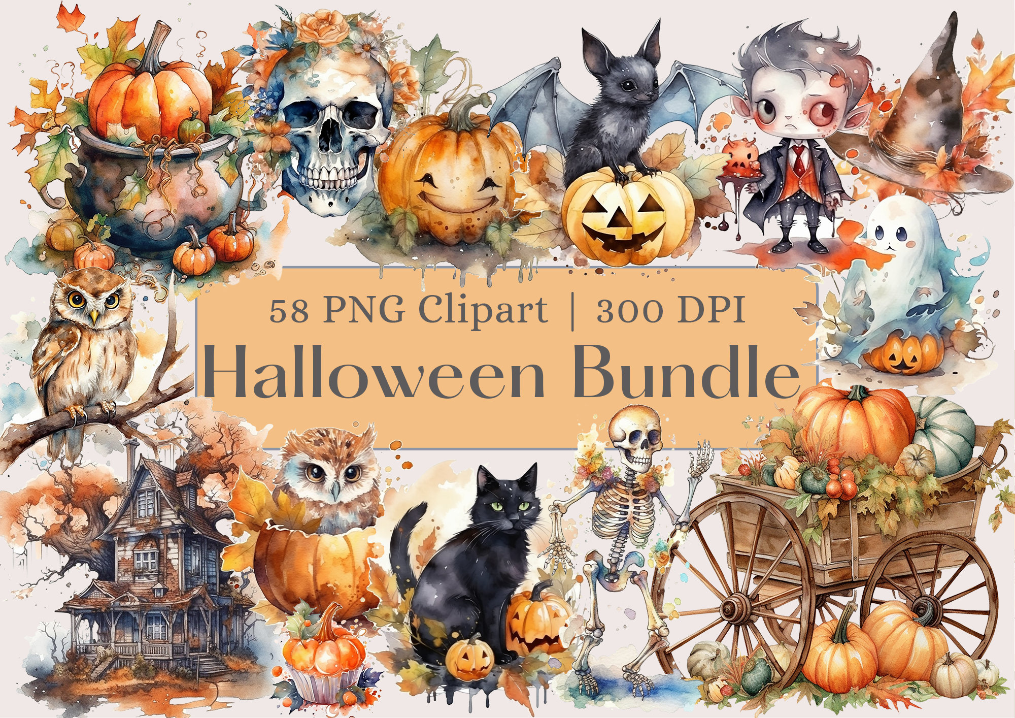 Halloween Watercolor Clipart PNG Bundle, Witch and Wizard Png, Ghost ...