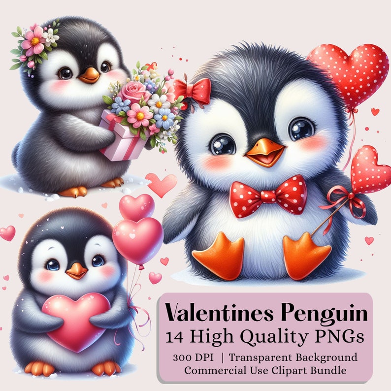 Watercolor Valentines Penguin Clipart, 14 High Quality Pngs, Valentines ...