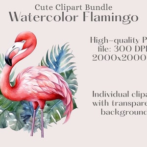 Watercolor Flamingo Clipart, Tropical Birds With Flowers and Leaves in ...