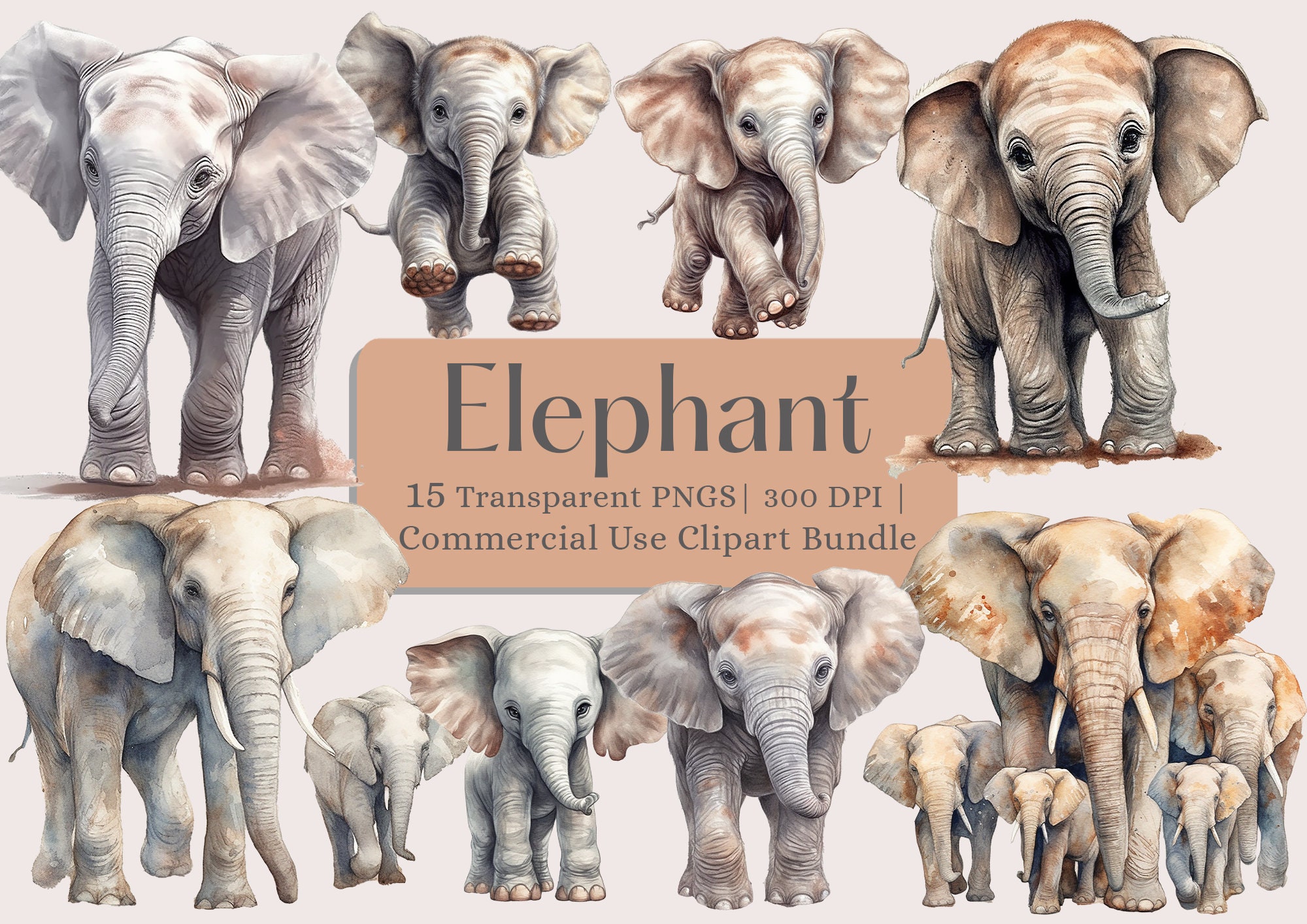 Elephant Watercolor Clipart, Baby Elephant Clipart, Baby Safari Animals ...