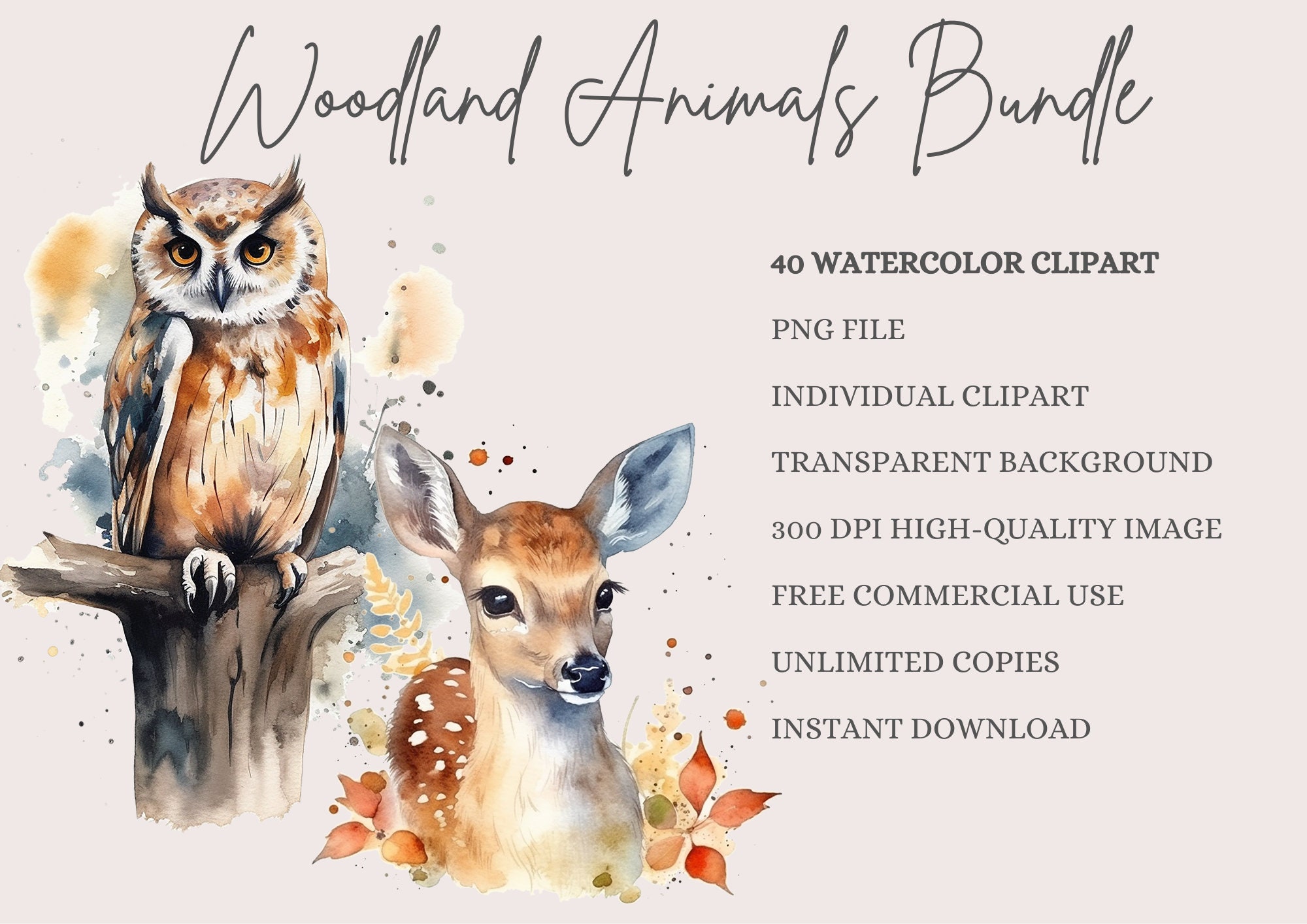 Woodland Animals Watercolor Clipart , Fox, Bear, Deer, Owl, Bird ...