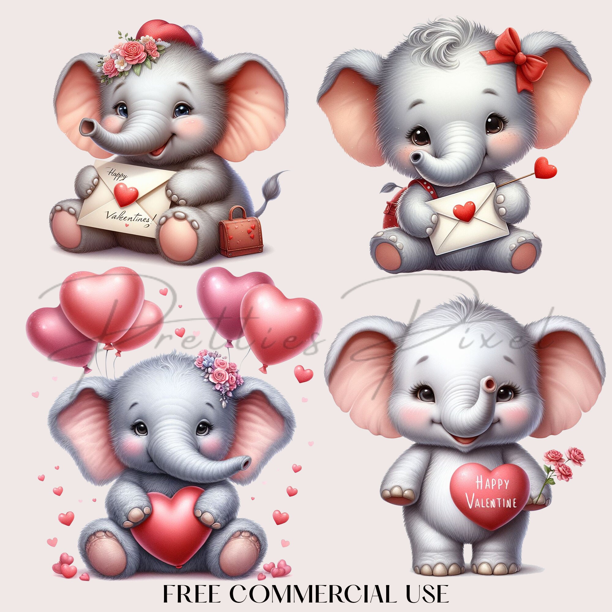 Watercolor Valentines Elephant Clipart, 11 High Quality Pngs ...