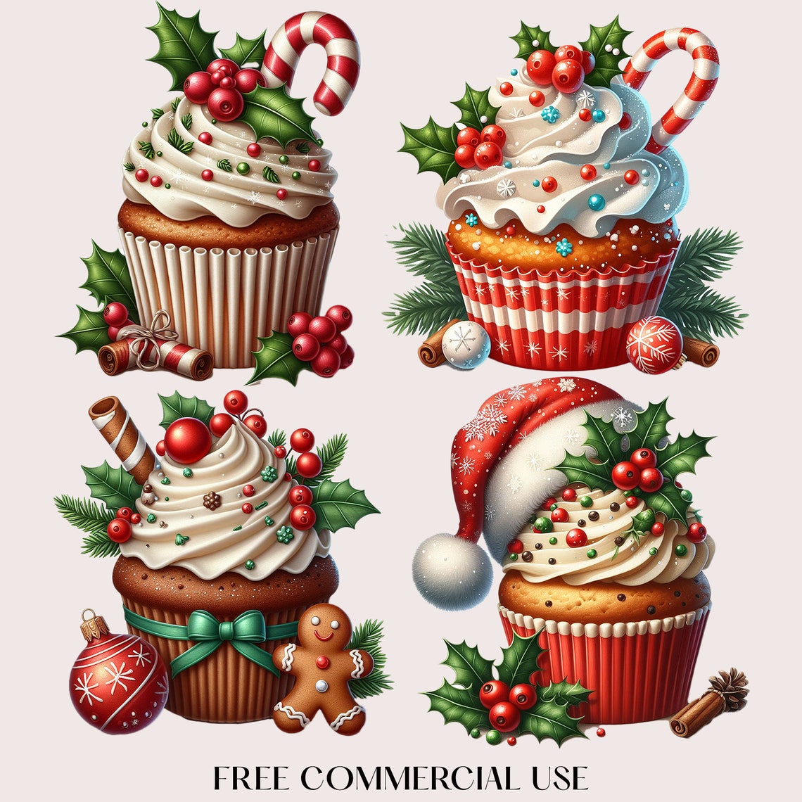 Christmas Cupcake Clipart, Watercolor Clipart Bundle, Christmas Digital ...