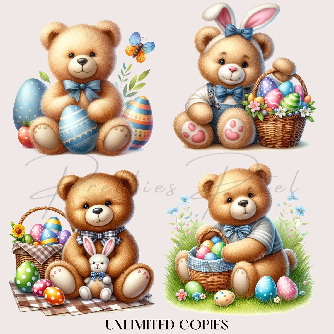 Watercolor Teddy Bear Clipart Bundle, Spring Clipart, Easter Clipart ...
