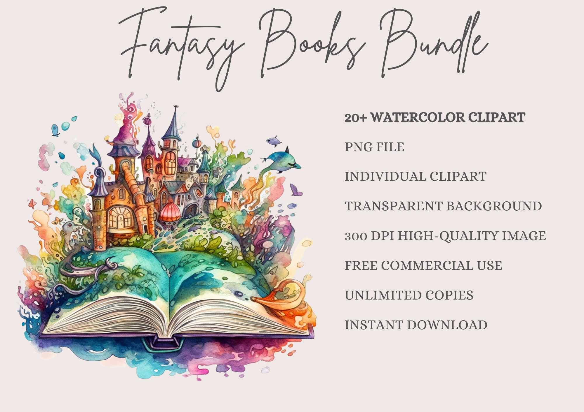 Books Clipart, Reading Clipart, Watercolor Fantasy Book Bundle, Fantasy ...