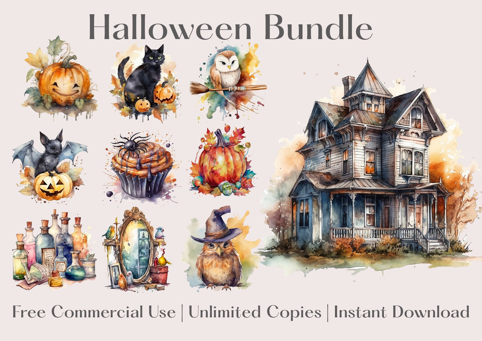 Halloween Watercolor Clipart PNG Bundle, Witch and Wizard Png, Ghost ...