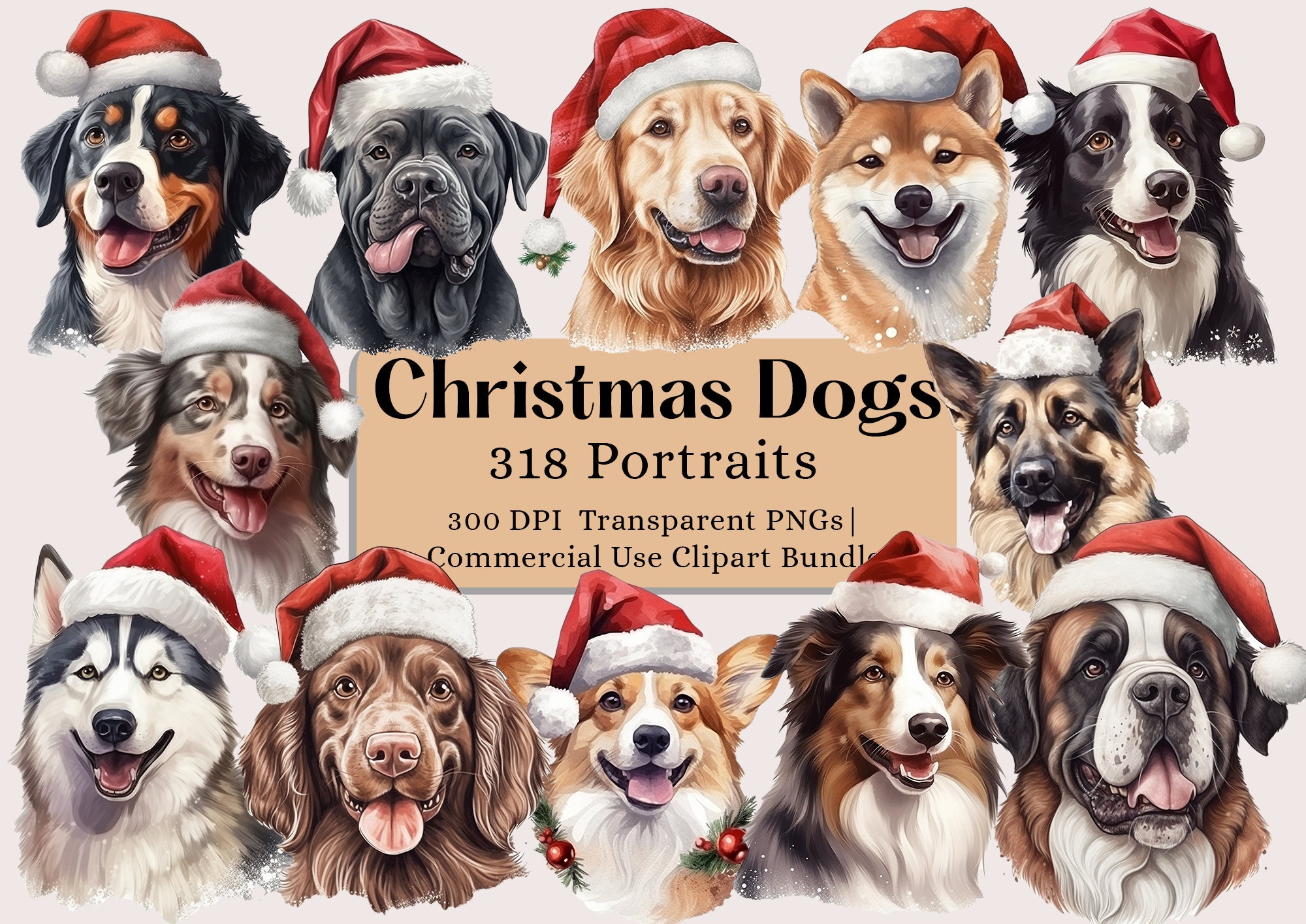 Christmas Dog Clipart, 100 Dog Breeds PNG Images, Watercolor Dog ...
