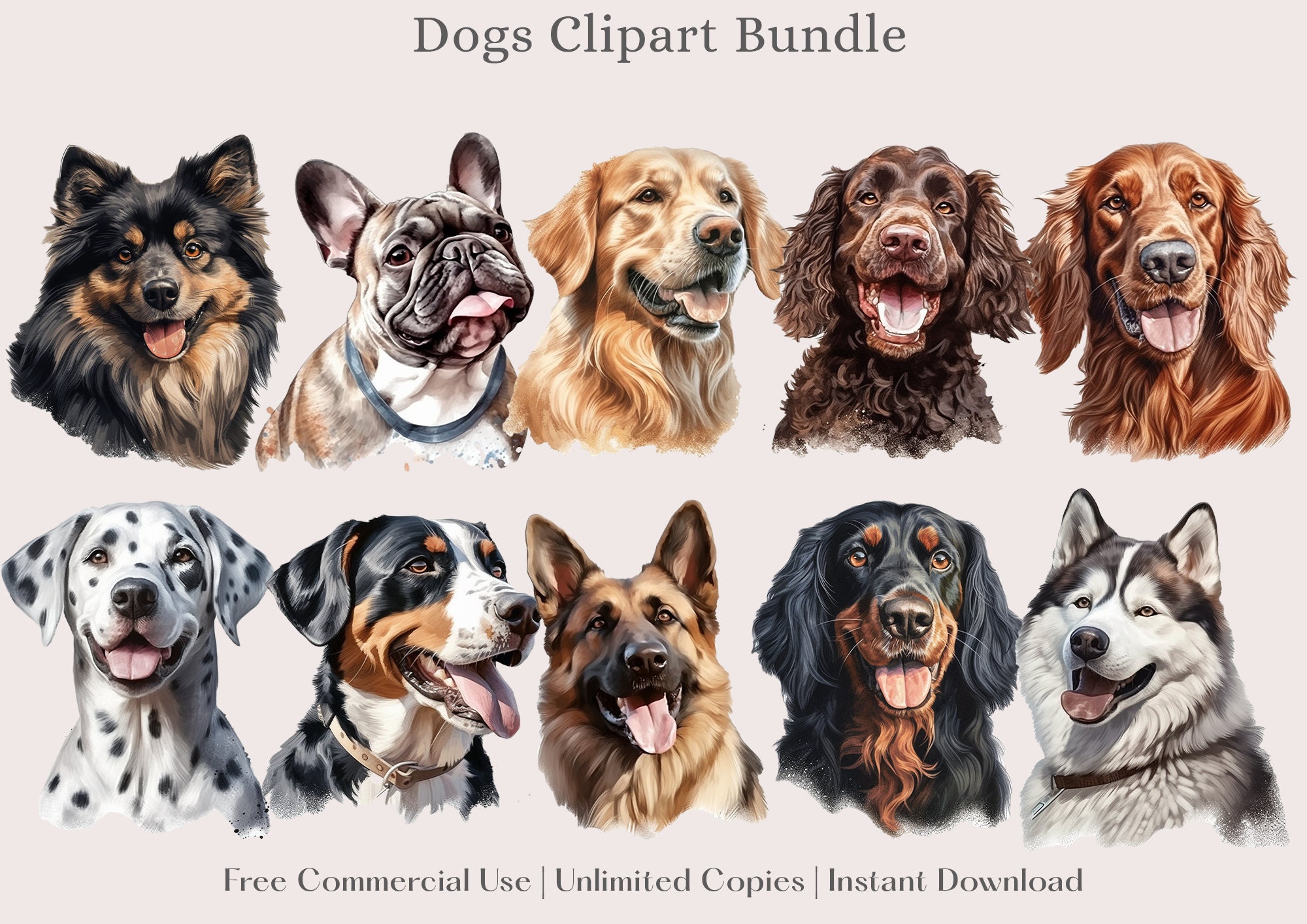 Dog Clipart Bundle, 100 Dog Breeds PNG Images, Watercolor Dog Clipart ...