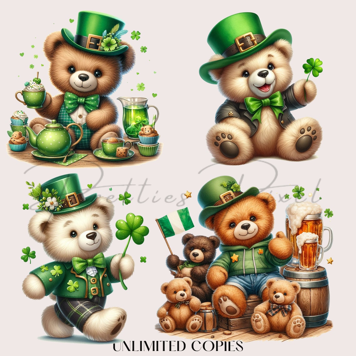St Patrick Teddy Bear Clipart, Watercolor Teddy Bear Clipart, 14 High ...