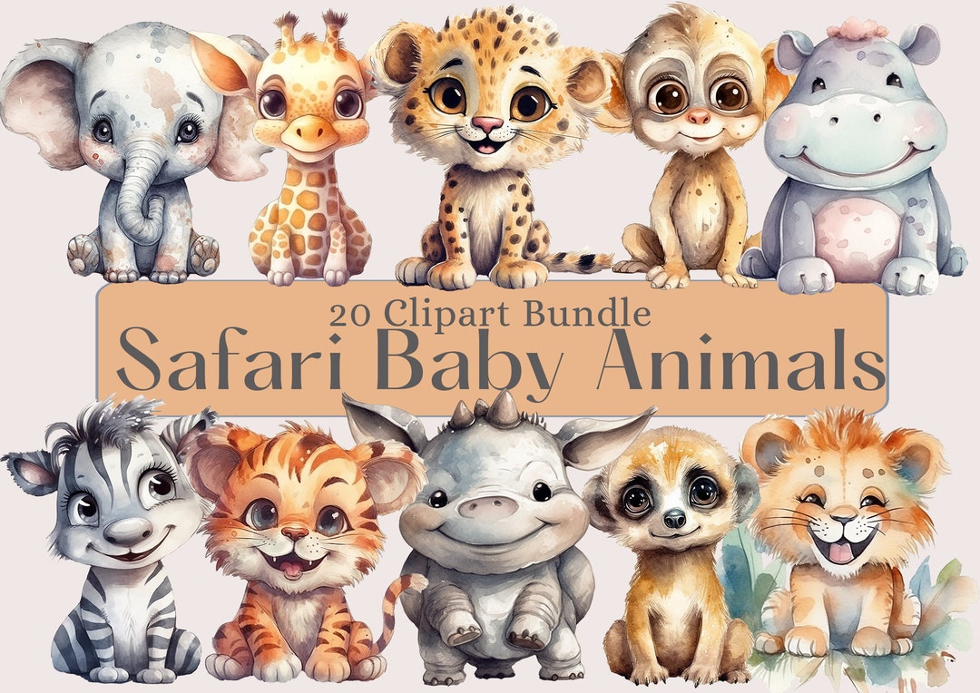 Safari Baby Animals Watercolor Clipart - Cute Baby Shower Nursery Decor ...