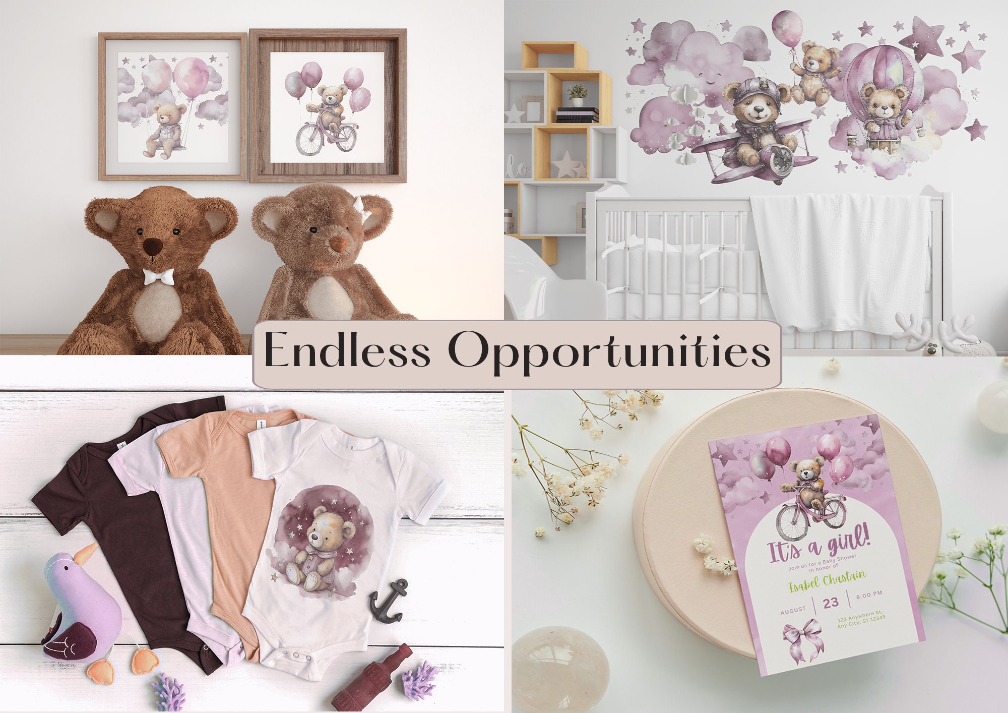 Watercolor Teddy Bear Clipart, Baby Shower for a Girl, Pink Balloons ...