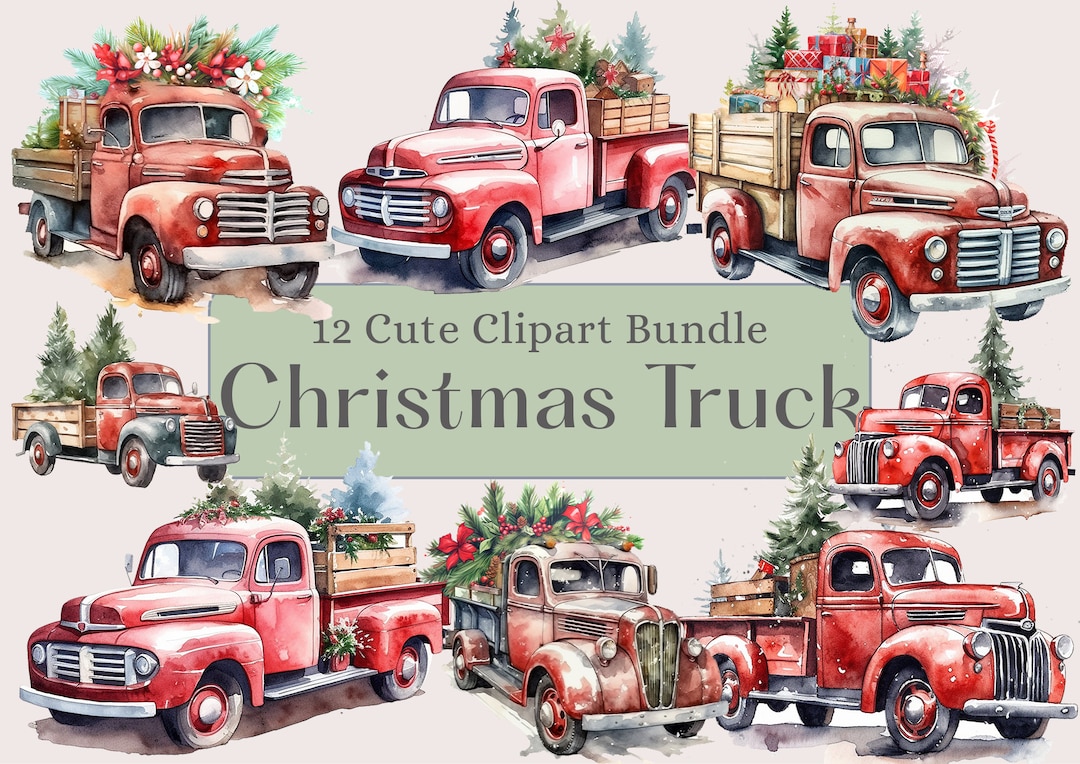Christmas Truck PNG, Watercolor Clipart Bundle, Red Pickup Truck ...