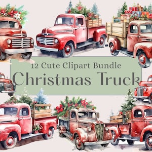 Christmas Truck PNG, Watercolor Clipart Bundle, Red Pickup Truck ...